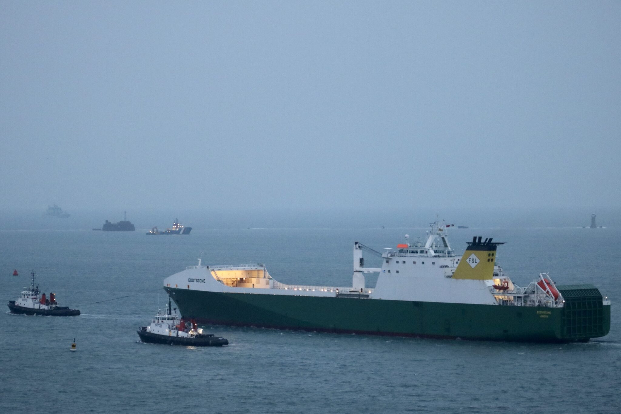 MV EDDYSTONE EASES OUT INTO THE SOUND
